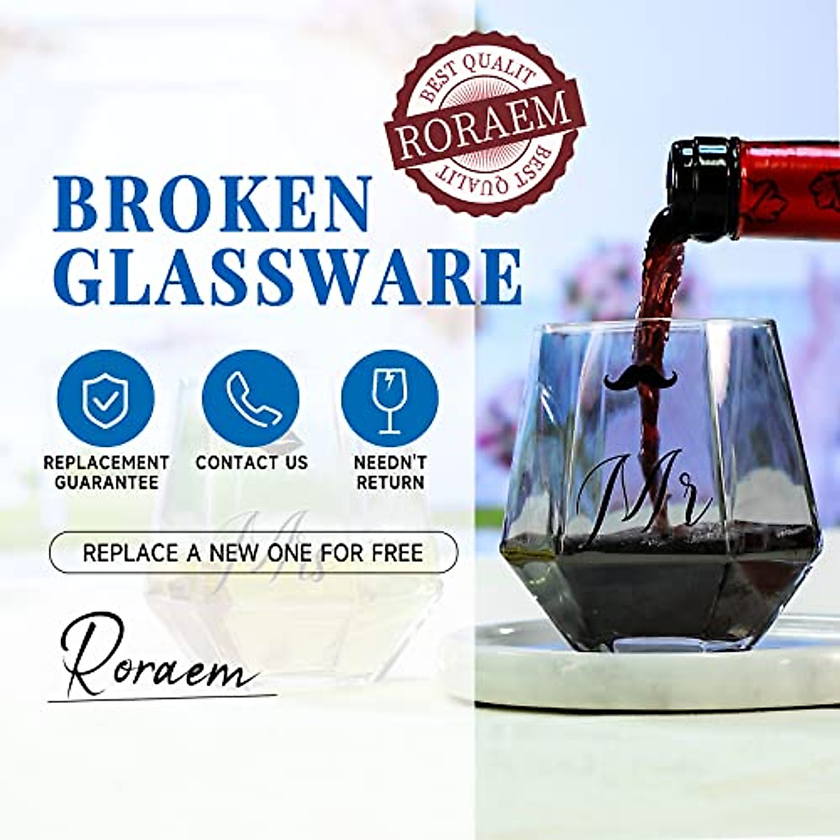 RorAem Wine Glasses Gifts for Mr and Mrs - Wedding Gifts for Bride and Groom - Gifts for Bridal Shower Newlywed Engagement and Anniversary - Couples Gifts for Husband & Wife