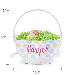 Personalized Easter Egg Basket For Her with Handle and Custom Name | Polka Dot Easter Basket Liners | White Basket | Woven Easter Baskets for Kids | Customized Easter Basket | Gift for Easter