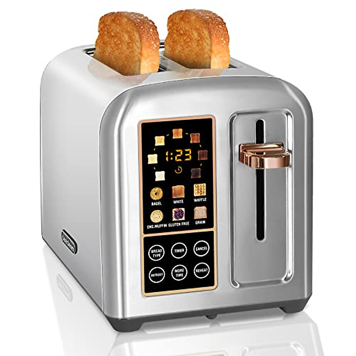 SEEDEEM Toaster 2 Slice, Stainless Steel Bread Toaster with LCD Display and Touch Buttons, 50% Faster Heating Speed, 6 Bread Selection, 7 Shade Settings, 1.5''Wide Slots Toaster with Cancel/Defrost/Reheat Functions, Removable Crumb Tray, 1350W, Silver Met