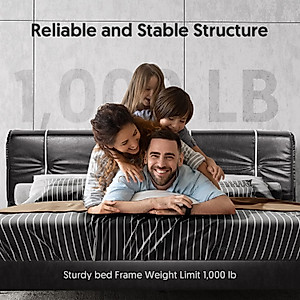 BONSOIR Queen Size Bed Frame Upholstered Low Profile Modern Platform Bed with Faux Leather Headboard/No Box Spring Needed/No Bed Skirt Needed/Black Faux Leather (Black)