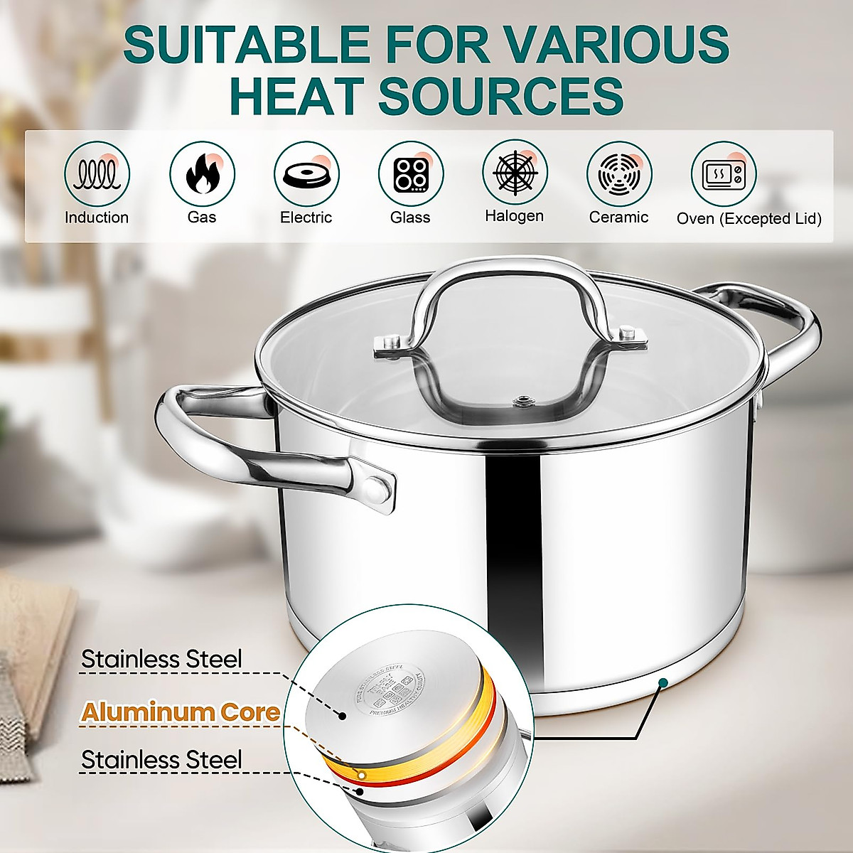 TeamFar 5 QT Stock Pot, Tri-ply Bottom Stainless Steel Stockpot Cooking Soup Pasta Pot with Lid for Gas/Induction/Electric Stoves, Non-toxic & Heavy Duty, Double Handles & Dishwasher Safe