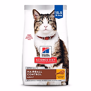 Hill's Science Diet Hairball Control, Adult 1-6, Hairball Control Support, Dry Cat Food, Chicken Recipe, 15.5 lb Bag