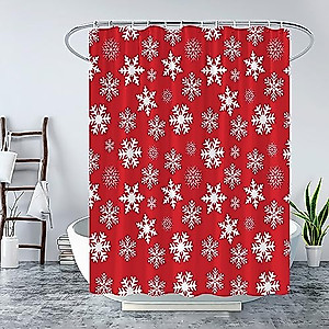 JJYPPY Merry Christmas Snowflake Shower Curtain Red White Snowflake Xmas Snowflakes Winter Holiday New Year Fabric Bath Curtain Set with Hook