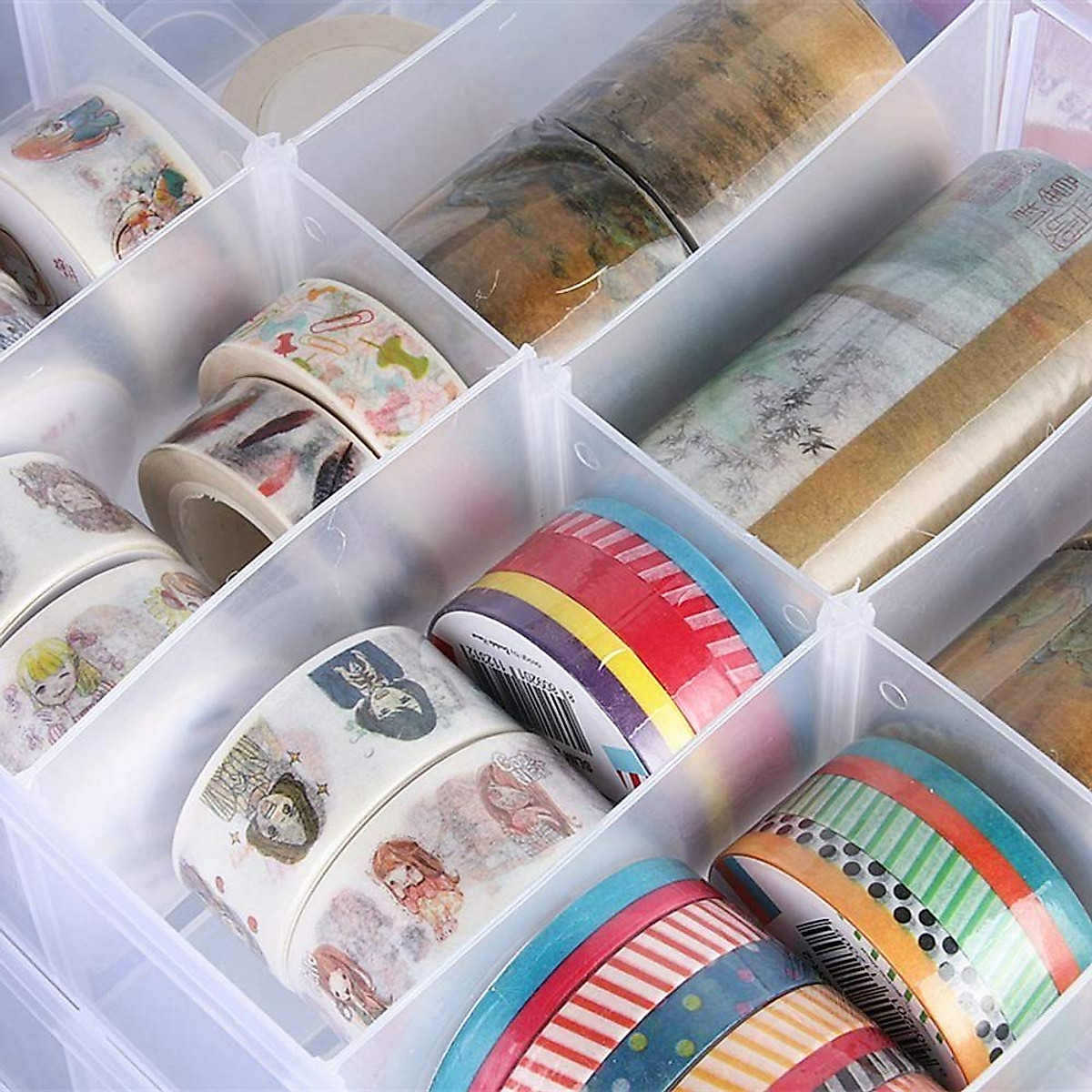 Washi Tape Holder, Washi Tape Box Organizer Craft Storage - 3 Layer Large Divider Closet Container, with 30 Adjustable Compartments, Clear