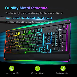 HovingTech Gaming Keyboard, USB Wired Keyboard with Metal Panel Rainbow Backlight, LED Illuminated Ergonomic Wrist Rest, Shortcuts, 19-Key Anti-Ghosting, Laptop & Desktop PC Computer Black