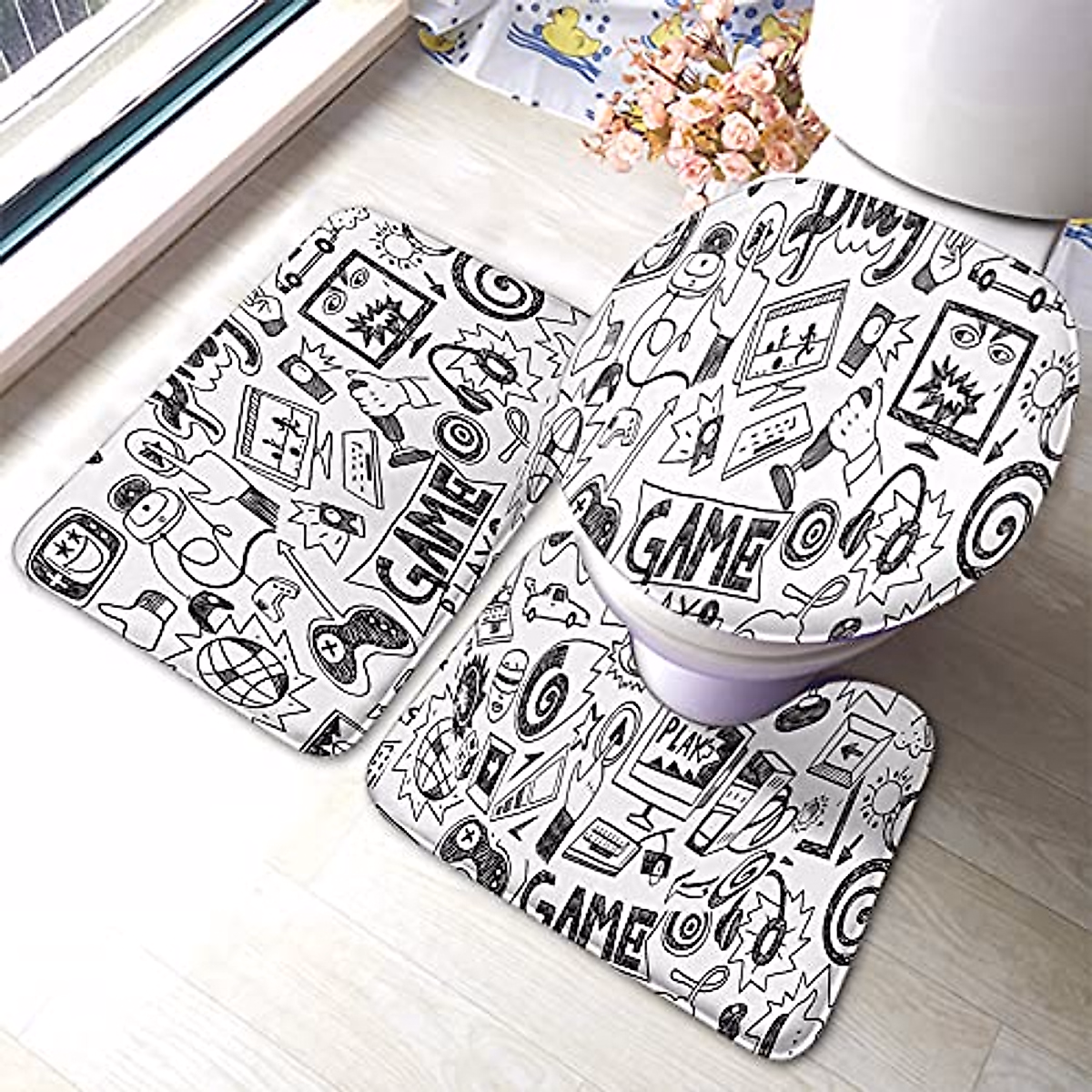 WONDERTIFY Kids Video Game Bathroom Antiskid Pad Computer Device Controller Button Handheld 3 Pieces Bathroom Rugs Set, Bath Mat+Contour+Toilet Lid Cover Black White