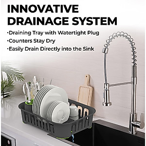 Mueller Dish Drying Rack, Dish Rack with Utensil Holder, Utensil Rack, Dish Drainer for Kitchen Countertop, Sink, European Made, 15" x 11" x 4", Gray/Green