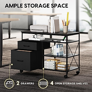 WASAGUN 2 Drawer Fabric File Cabinet, Rolling Printer Stand with Charging Station and 4 Open Storage Shelves, Mobile Lateral Filing Cabinet fits A4 or Letter Size, for Home Office, Brown