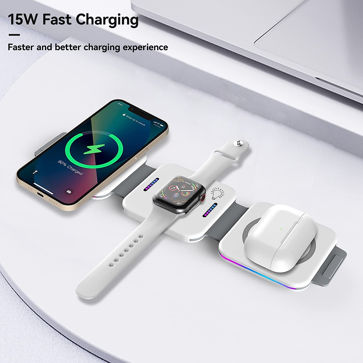 Magnetic Wireless Charger Foldable,15W Fast Mag-Safe Charger Compatible with iPhone 15/14/13/12/11/Pro/SE/XS/XR/X/8,3 in 1 Charging Pad Compatible with iWatch 8/7/6/SE/5/4/3/2,Airpods 2/3/Pro,Samsung