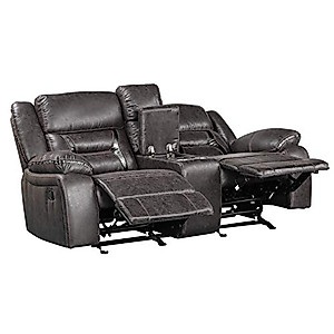 Roundhill Furniture Elkton Manual Motion Reclining Sofa and Loveseat with Storage Console, Dark Chesnut