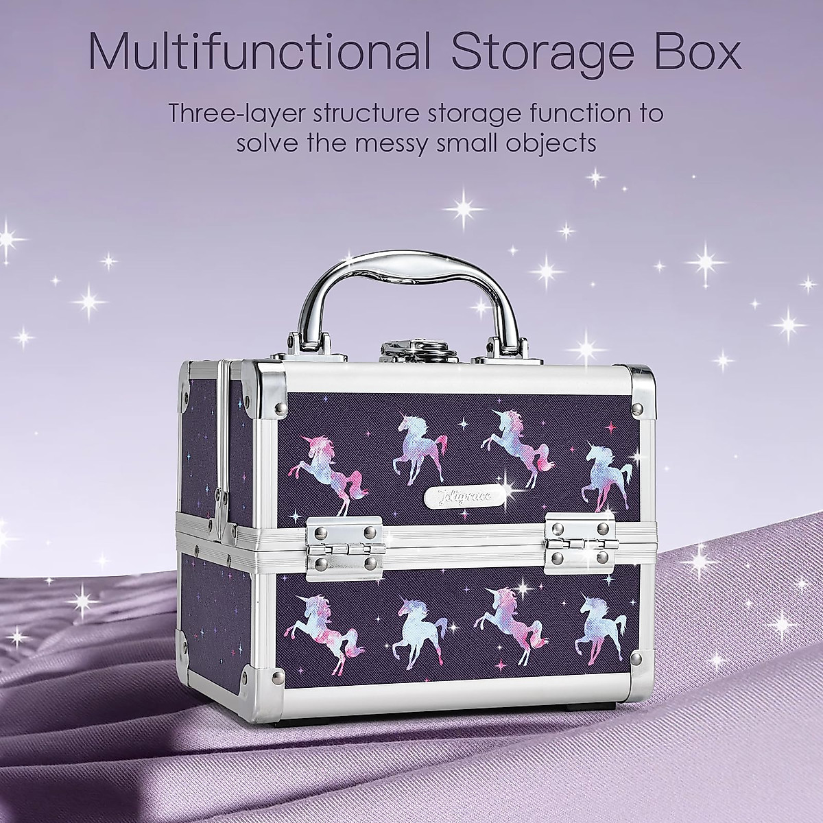 Joligrace Makeup Case for Girls Cosmetic Train Case Makeup Storage Box Jewelry Organizer Hair Accessories Lockable with Trays & Mirror Kids Gift Unicorn