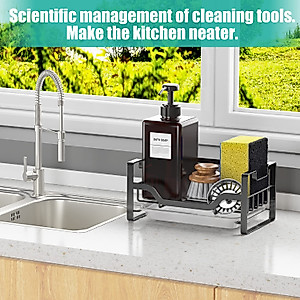 Dish Sponge Holder for Kitchen Sink, Black Kitchen Sink Organizer Dish Racks, Stainless Steel Kitchen Sink Caddy for Countertop, Brush Kitchen Sink Sponge Holder Storage with Drain Tray