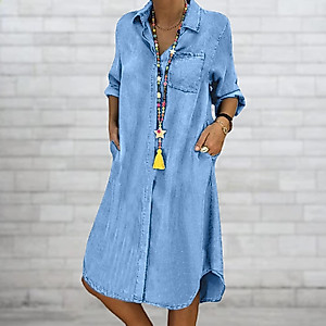 JUXINPIJU Denim Dress for Women with Pockets Short Sleeve Loose Babydoll Denim Shirt Dresses for Women