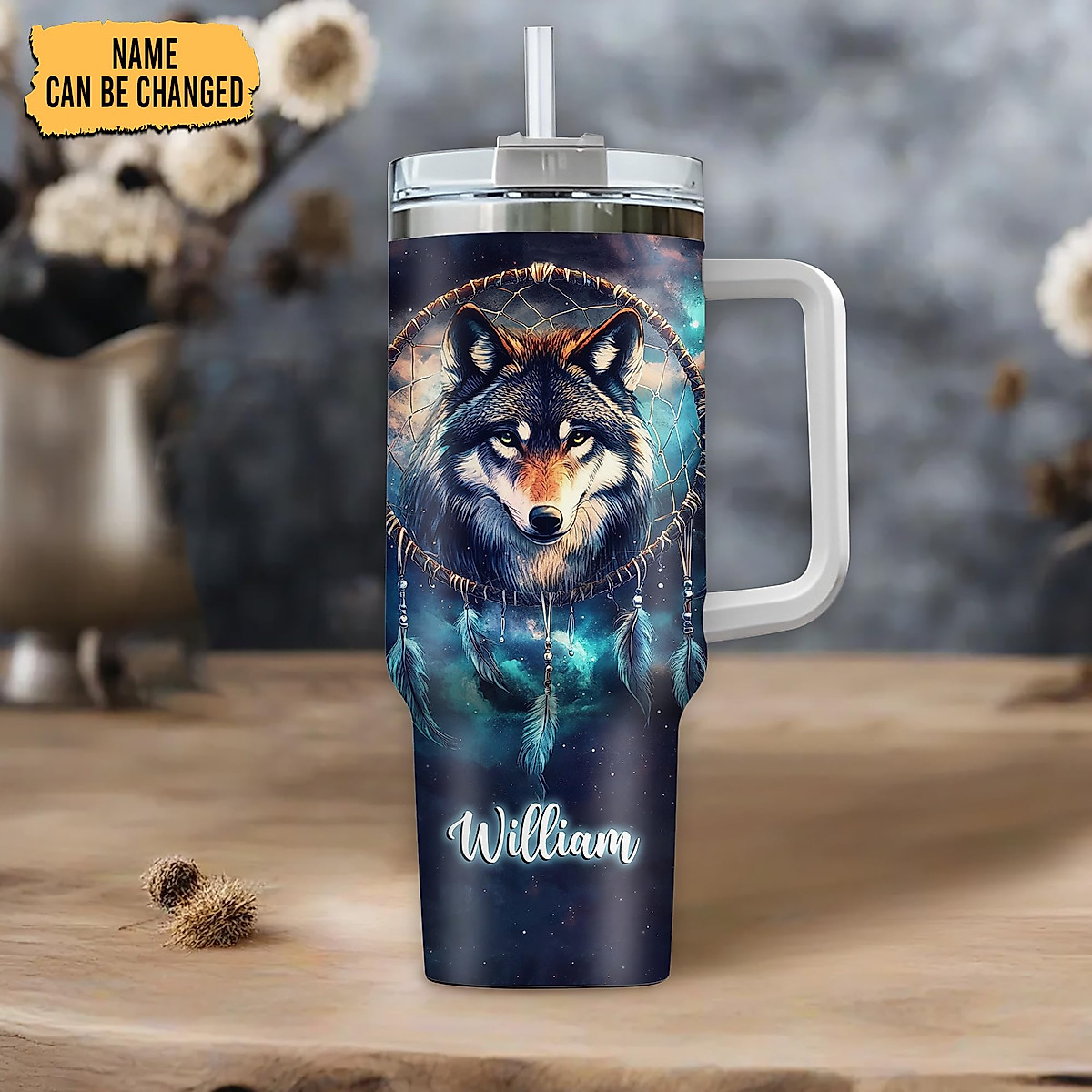 Foxcorner Personalized Wolf Tumbler 40oz with Handle & Straw - Great Wolf Dreamcatcher Gifts - Animal Lover Gifts for Men Women on Birthday Christmas - Custom Name Stainless Steel Travel Coffee Cup