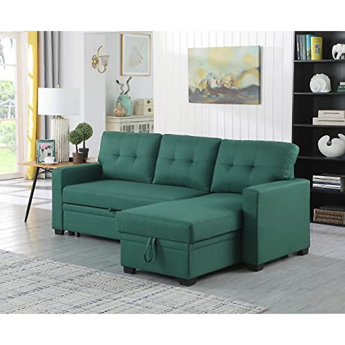 EOVTK 82" L-Shaped Convertible Sleeper Sectional Sofa, 2 in 1 Pull Out Couch Bed with Reversible Storage Chaise for Living Room, Small Space Apartment, Green