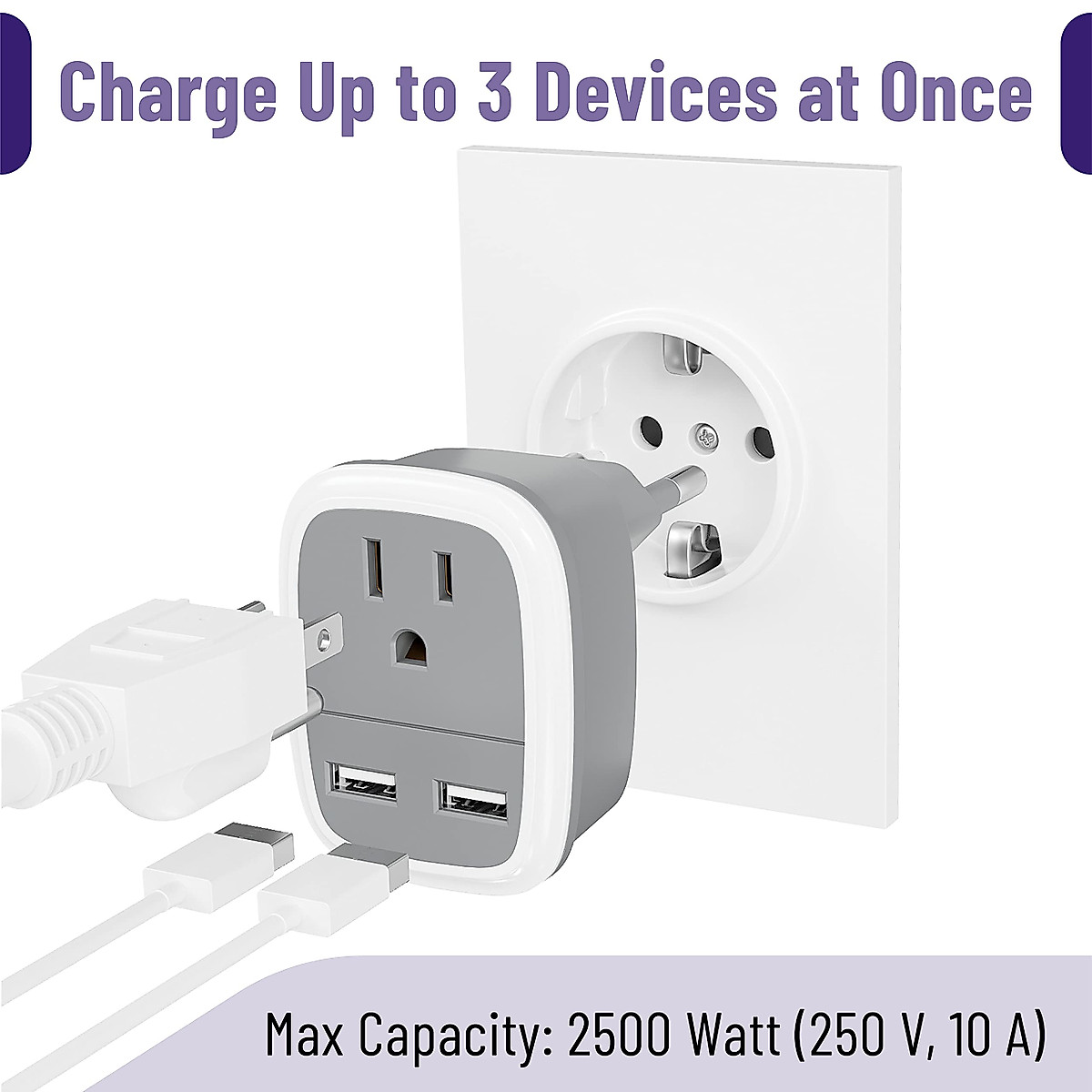 Bates- European Travel Plug Adapter, Adapter with USB, European Plug Adapter, US to Europe Plug Adapter, Converters and Adapters for Travel, Outlet Converter, Power Adapter Europe, Adapters for Europe