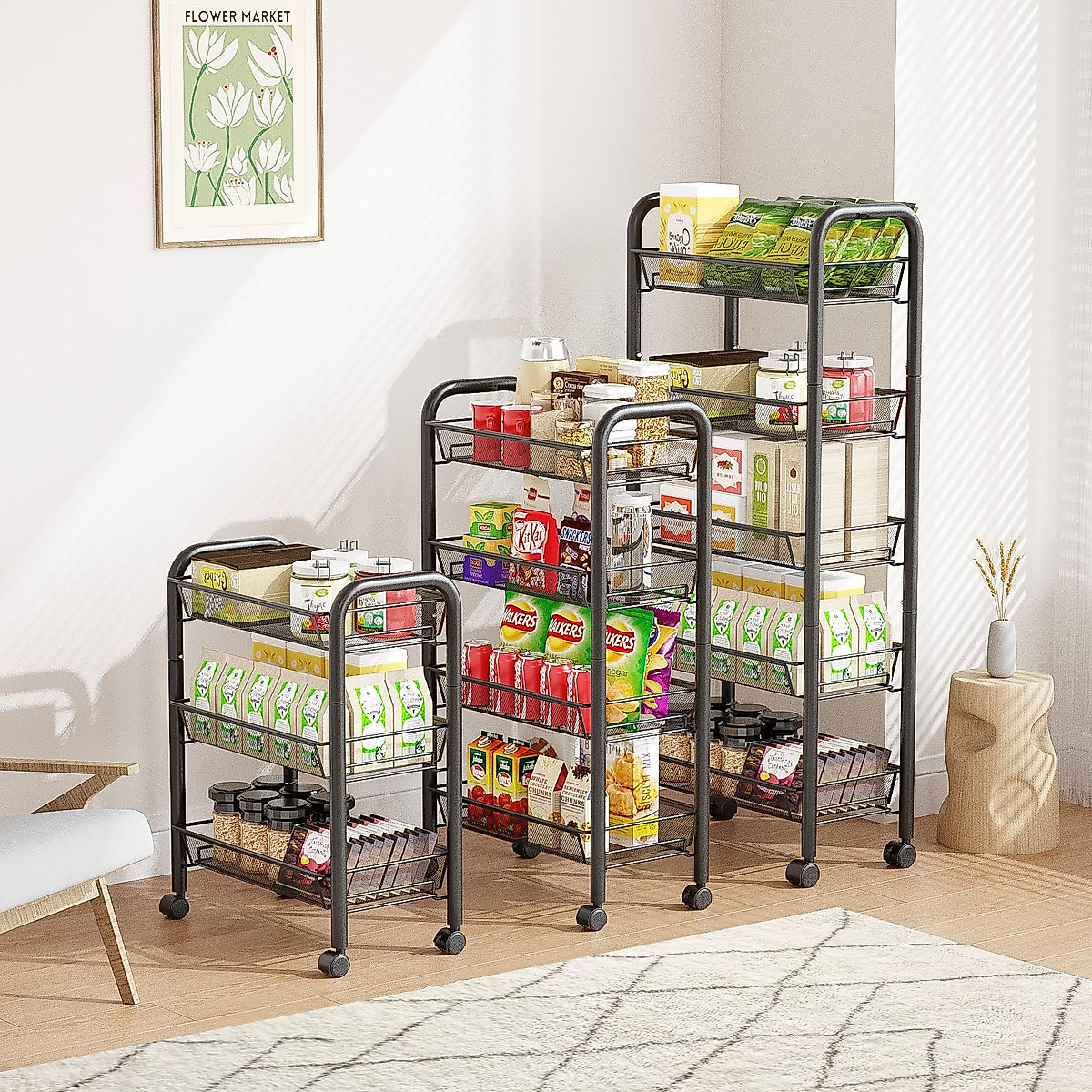 Pokfeic 3-Tier All Metal Rolling Utility Cart, Rolling Metal Organization Cart with Lockable Wheels, Easy Assembly Mobile Utility Cart for Kitchen, Bathroom, Office, Workshop, Rolling Storage Cart