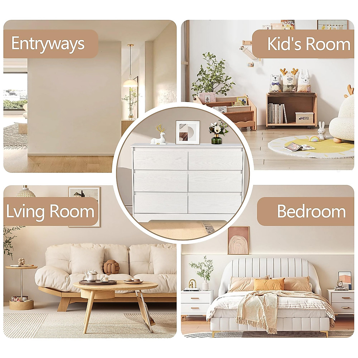 CATMIX Dresser for Bedroom, White Drawer Double Dresser, Wood Modern Drawer Chest of Drawers with Deep Drawers, Wide Storage Organizer Cabinet for Bedroom, Living Room, 6 Drawer Dresser