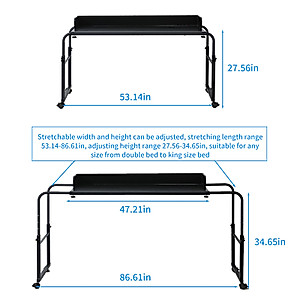 NOVII Overbed Table with Power Outlet,Wheels,Adjustable Height,Mobile Queen Size Bed Table Suitable for Home Office（Black）