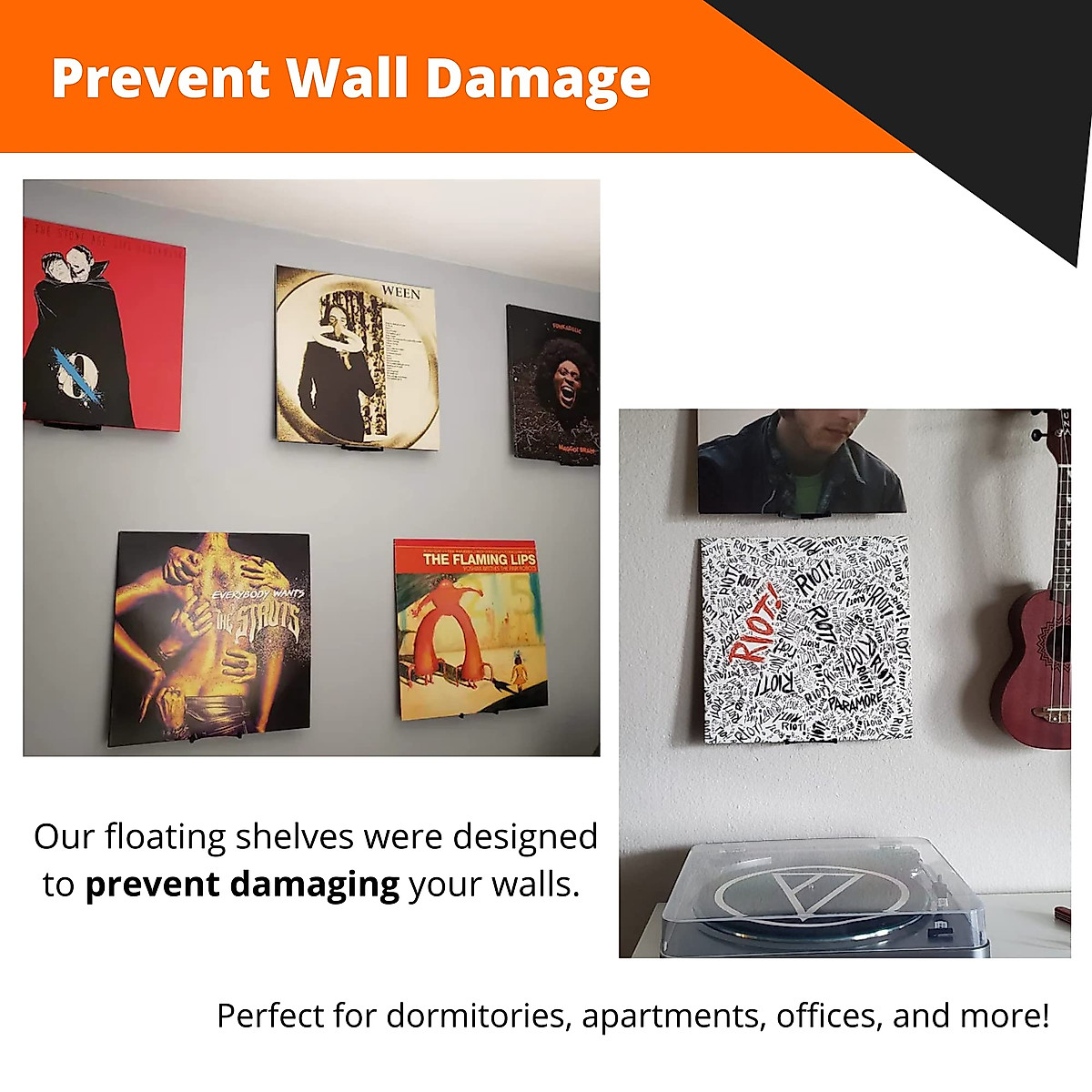 3d Lasers Lab Wall Mount Vinyl Record Display/Shelf [5-pk] - Display Your Albums Without Damaging Your Walls, Perfect for Office, Home, Dorms, and Apartments (Black, 5)