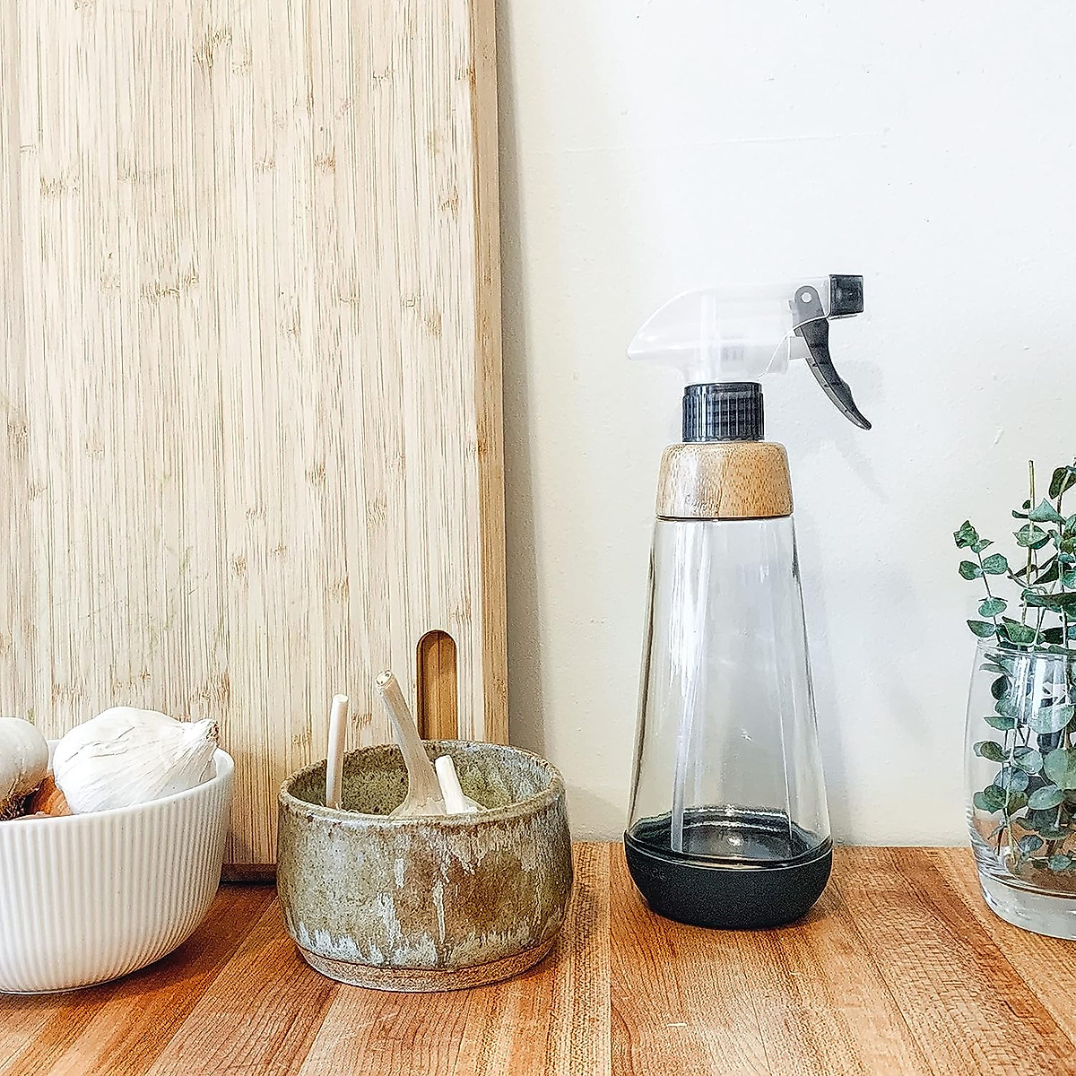 Full Circle Bottle Service - Refillable Glass Spray Bottle for Cleaning - Versatile Stream & Mist Options, Bamboo Details, Silicone Boot - Ideal for Non-Toxic Solutions & Plant Care, 16oz, Gray