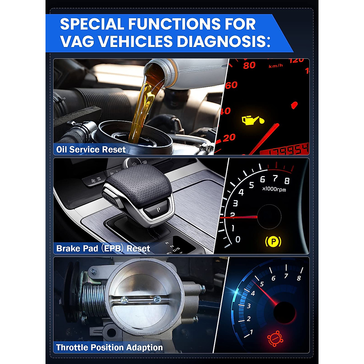 ANCEL VD500 OBD II Diagnostic for VAG Engine EPB ABS SRS Code Reader Oil Throttle Position Adaption Brake Reset with ANCEL BST200 12V Car Battery Load Tester