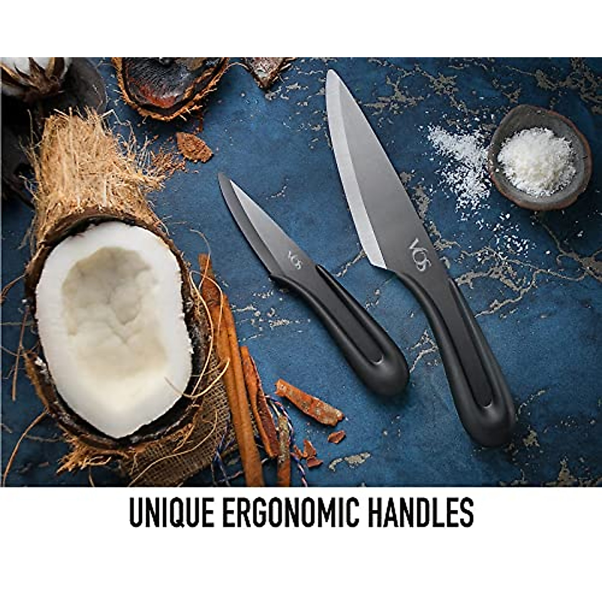 Vos Ceramic Knife Set with Covers 2 Pcs - 5" Santoku Knife, 3" Paring Knife and 2 Black Covers - Advanced Kitchen Knives for Cutting, Chopping, Slicing, Dicing with Ergonomic Unique Handles