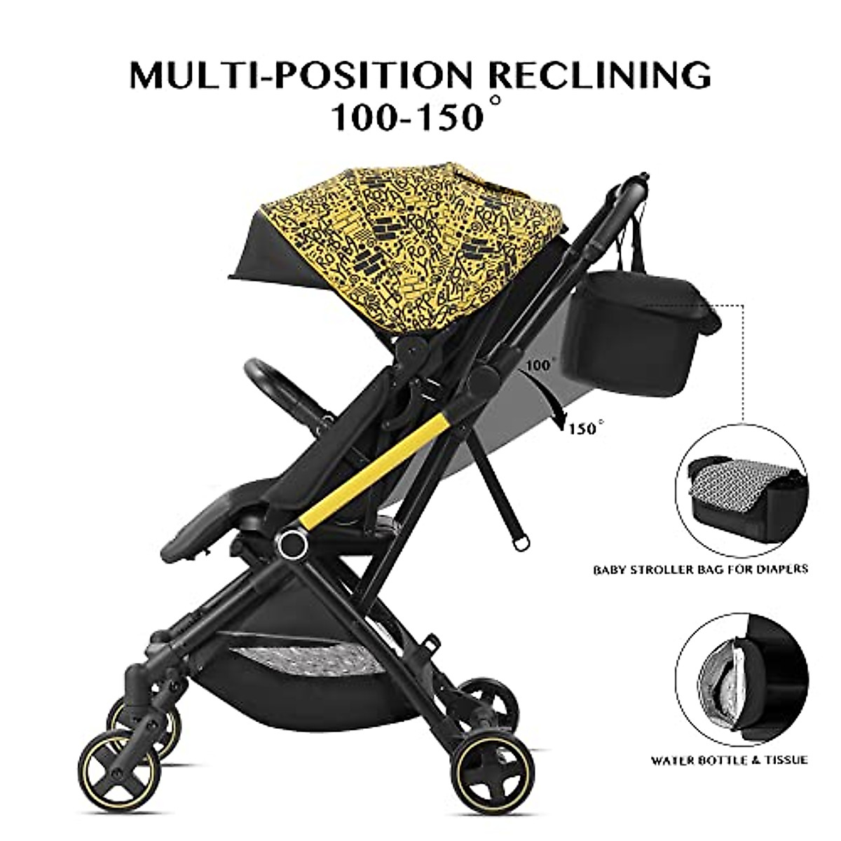 Royalbaby Lightweight Infant Stroller 360 Reversible Seat, Compact Fold, Portable Travel Toddler Baby Stroller with Umbrella & Multi-Position Reclining, Adjustable Large Canopy, Extra Storage, Yellow