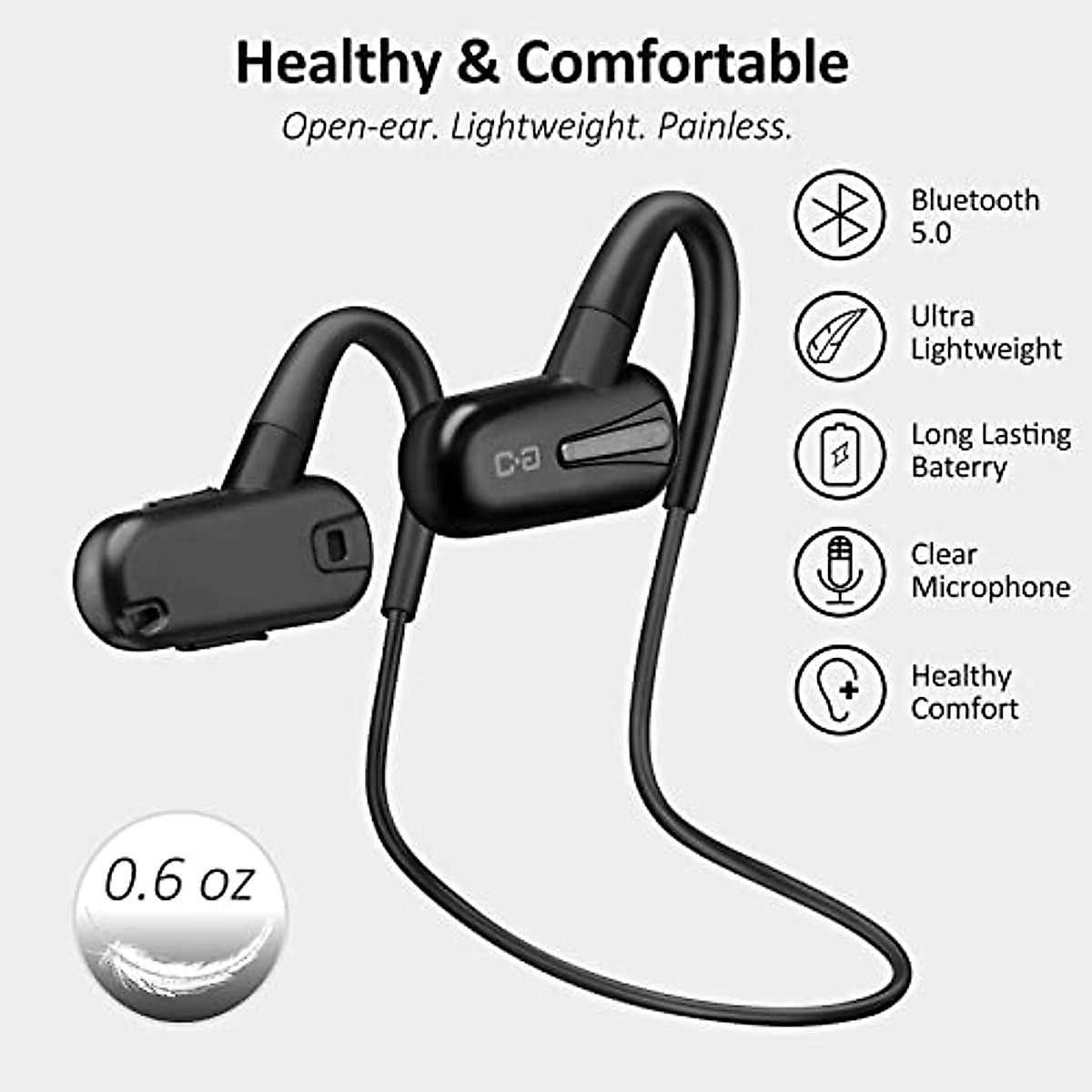 Open Ear Wireless Headphones, Air Conduction Open Earbuds with Clear Mic for Call, Quality Sound Extra Lightweight Comfortable & Healthy Wearing, for Outdoor Sport Gym Work, Bluetooth 5.0, CGS-B6