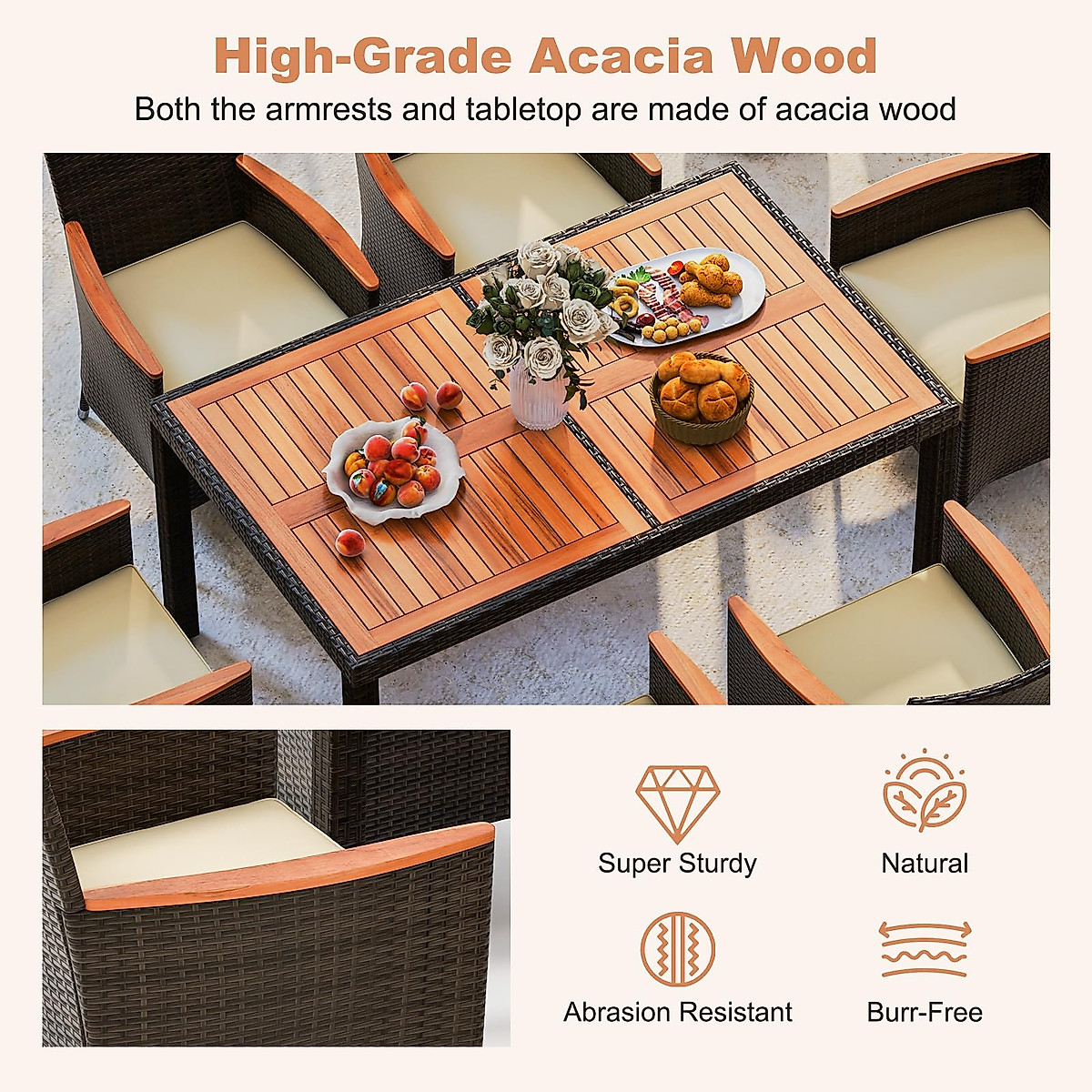 HAPPYGRILL 7 Pieces Rattan Wicker Patio Dining Set, Outdoor Dining Set with Cushions, Large Dining Table with Acacia Wood Top, Outside Dining Furniture Set with Umbrella Hole