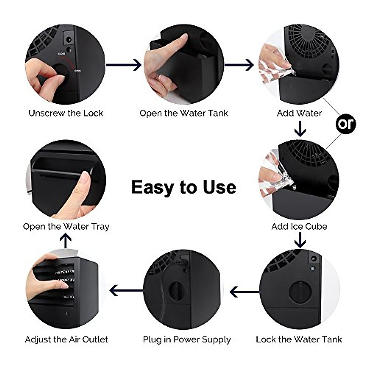 Portable Air Conditioner Fan, KUUOTE Personal Space Air Cooler Quiet Desk Fan Mini Evaporative Cooler Misting Fan Small Table Fan Air Circulator Humidifier for Small Room Home Office Bedroom, Black