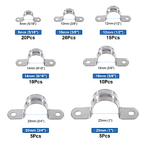 Glarks 85Pcs Pipe Strap Clamp Set M8 M10 M12 M14 M16 M20 M25 304 Stainless Steel Two Hole Strap Heavy Duty Rigid Pipe Strap U Bracket Tube Strap Assortment Kit For Pipe Tube Fixing