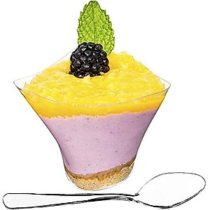 DLux 50 x 3.5 oz Mini Dessert Cups with Spoons, Small Swirl - Clear Plastic Parfait Appetizer Cup - Small Reusable Serving Bowl for Tasting Party Desserts Appetizers - With Recipe Ebook
