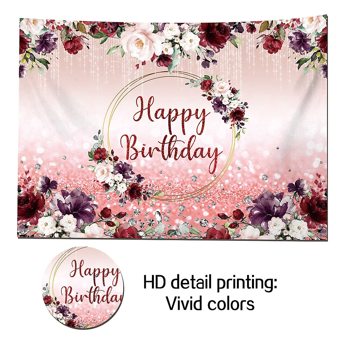 Burgundy Flower Happy Birthday Photography Backdrops 72.8x43.3inch Rose Gold Glitter Blush Photo Background for Women Lady Girl 16th 30th Birthday Party Decorations Banner Photo Booth Supplies