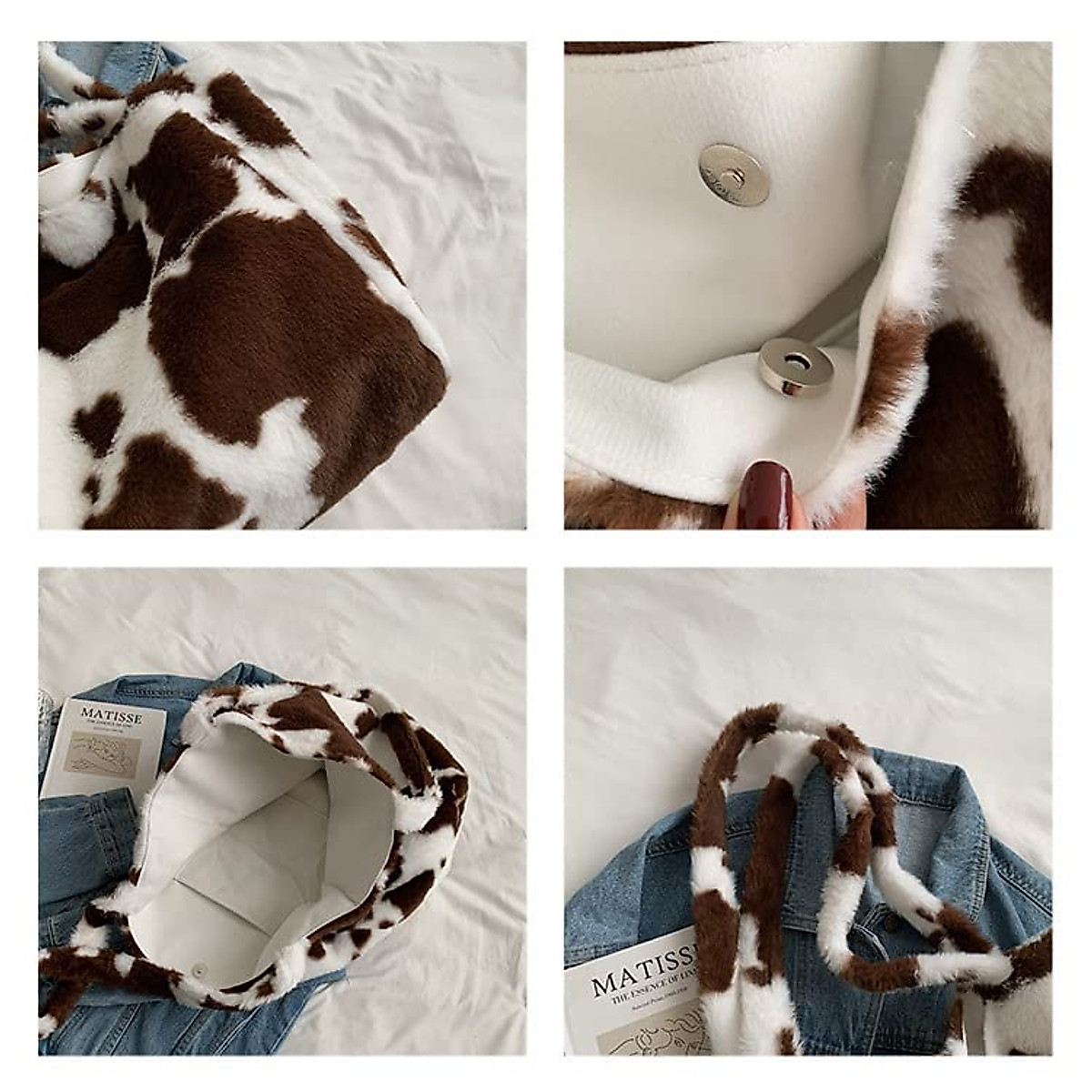 Winter Plush Cows Leopard Print Tote Bag Fluffy Large Shoulder Handbag Furry Beach Bag Soft Warm (brown)