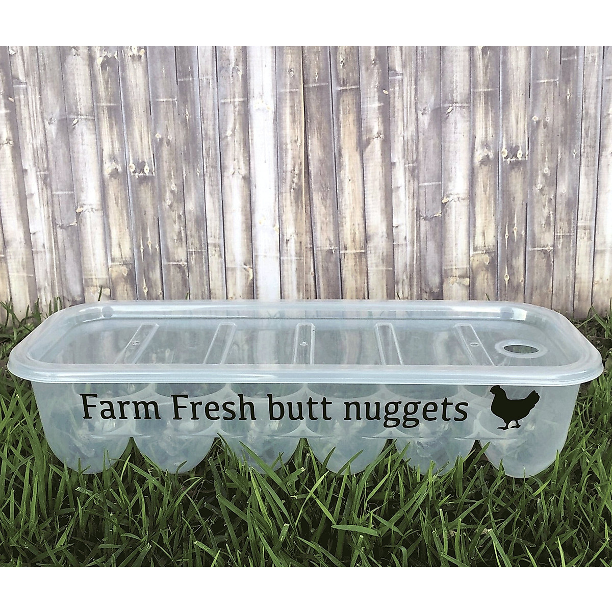 Plastic Egg Storage Containers with Lids and Custom Messages designed to make you smile! Great Gift! (Farm Fresh Butt Nuggets)