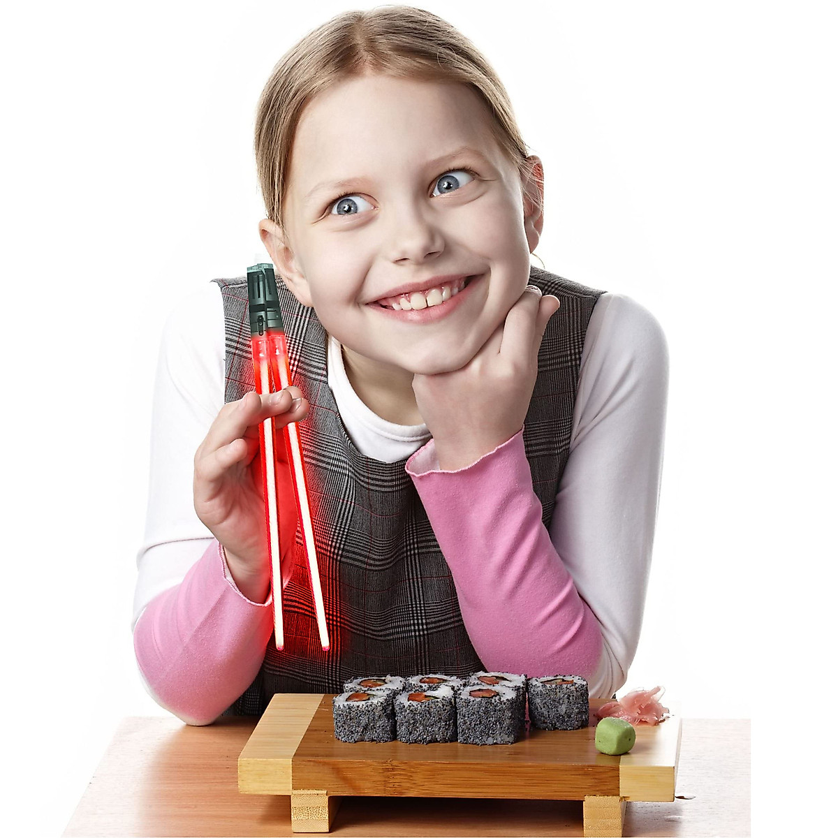 LIGHTSABER CHOPSTICKS LIGHT UP STAR WARS LED Glowing Light Saber Chop Sticks REUSABLE Sushi Lightup Sabers -Removable Handle Dishwasher Safe -Premium GIFT BOX and CARRY POUCH Included - Red - 1 Pair