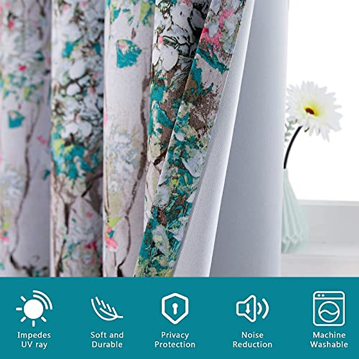 MYSKY HOME Floral Blackout Curtains 72 inches Long Pink and Blue Curtains Farmhouse Curtains Room Darkening Window Curtains for Living Room Printed Flower Leaves Grommet Curtains Panels