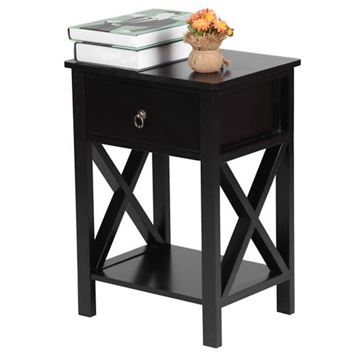 Black Side Table, End Table with 1 Drawer, 1 Open Shelf End Table Storage Shelf, Side Table Modern Nightstand, Sofa Beside Table for Living Room, Foyer, Bedroom (40 x 30 x 55) cm (L x W x H)