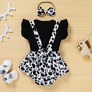 ZOELNIC Baby Girls Summer Clothes Knit Short Sleeve Top Bowknot Suspender Cows Print Ruffle Bloomer Headband Outfit Sets (Black, 6-12 Months)