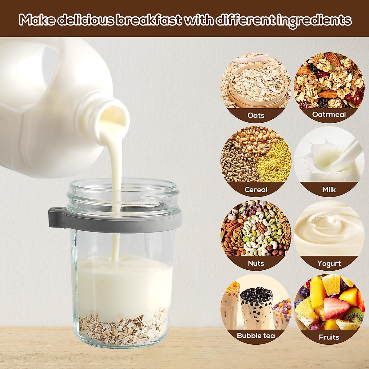 Overnight Oats Jars,Mason Jars for Overnight Oats with Lid and Spoon,10 Oz Glass Meal Prep Containers with Measurement Marks,Perfect Size for Overnight Oats,Salad Yogurt,Cereal,Fruit (4 PACK A)