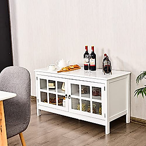 KOTEK Wooden TV Stand for TVs up to 50'', TV Console with Storage, Glass Doors & Adjustable Shelves, Modern Entertainment Center for Living Room (White)