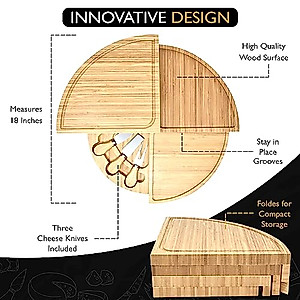 PERLLI Bamboo Cheese Board & Knife Set, Large Folding 18 Inch Round Wood Rotating Charcuterie Board Set Cheese Meat Wine Serving Tray Platter, Home Decor Holiday Gift Set