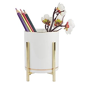 Pen Pencil Holder for Desk, Ceramic Desk Decor Organizer for Womens Girls, Durable Ceramic Pencil Cup Holder, 3.35" x 3.82" Makeup Cups for Brushes, Cup Painted with Gold Trims, Gold Bracket, 1 Pcs