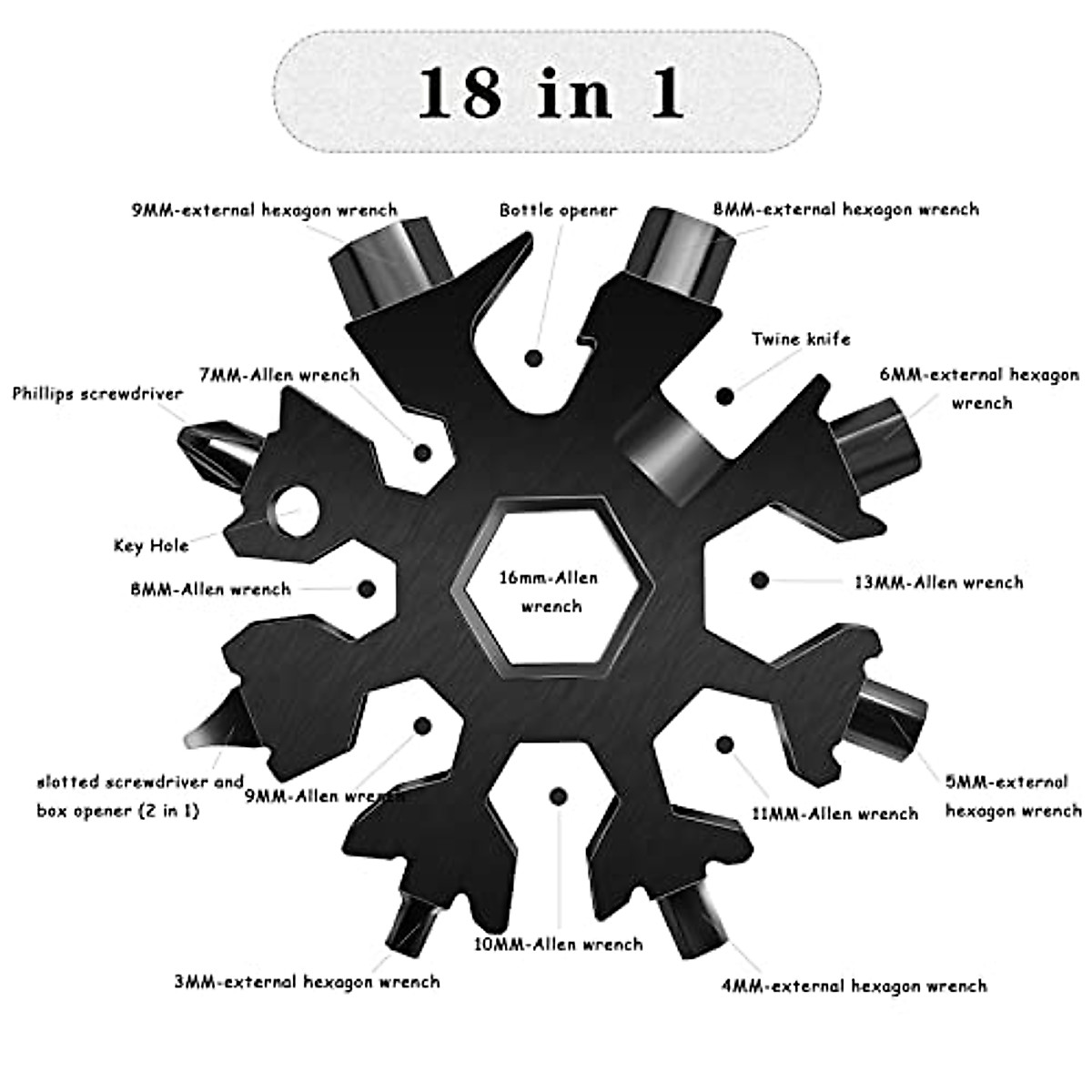 MATHARAGO Snowflake Multitool, 1pcs Snowflake Tool Stainless Steel 18 in 1 Snowflake Multitool with Carabiner Clip, Keyring and Storage Bag for Christmas Gift Men's Present(Black)