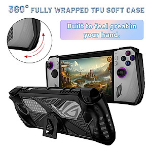 PAKESI Protection Case for ASUS ROG Ally - Rugged TPU with Built-in Stand for Game Handheld Console - Anti-Drop Shockproof Shell with 2 Pack Screen Protector (Black)