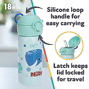 Nuby Thirsty Kids No Spill Flip-It Active Stainless Steel Travel Cup or Water Bottle - 14 Oz - 18+ Months - Mint Whale