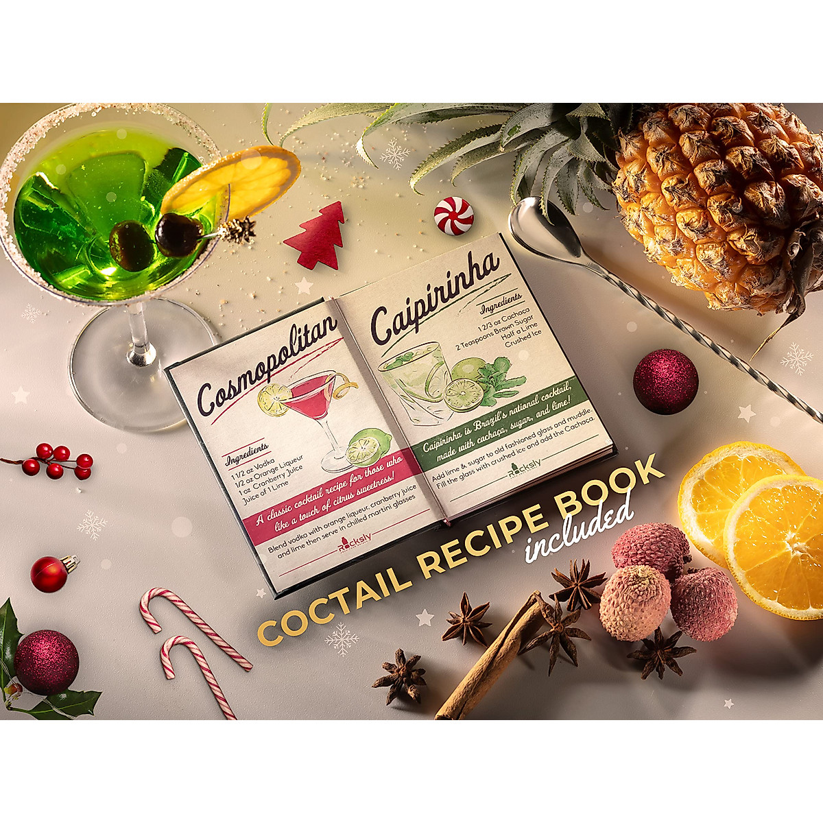 ROCKSLY MIXOLOGY BAR Set Premium Bartender Kit, Zig-Zag Tool Stand, 18 Oz Cocktail Shaker, Strainer, Jigger, Spoon, Tongs, Bottle Opener, Recipe Book