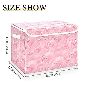 Kigai Storage Basket Beautiful Pink Rose Storage Boxes with Lids and Handle, Large Storage Cube Bin Collapsible for Shelves Closet Bedroom Living Room, 16.5x12.6x11.8 In