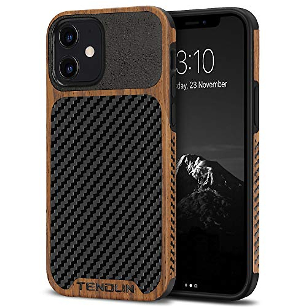 TENDLIN Compatible with iPhone 12 Case/iPhone 12 Pro Case Wood Grain with Carbon Fiber Texture Design Leather Hybrid Case
